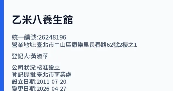 乙米八養生館的照片-統編 26248196(臺北市) 公司登記資料與營業項目詳細圖表