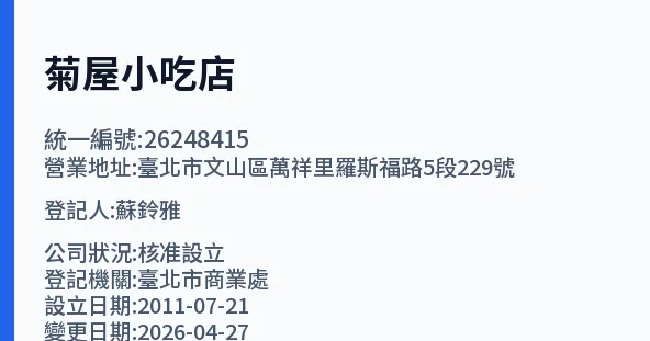 菊屋小吃店的照片-統編 26248415(臺北市) 公司登記資料與營業項目詳細圖表