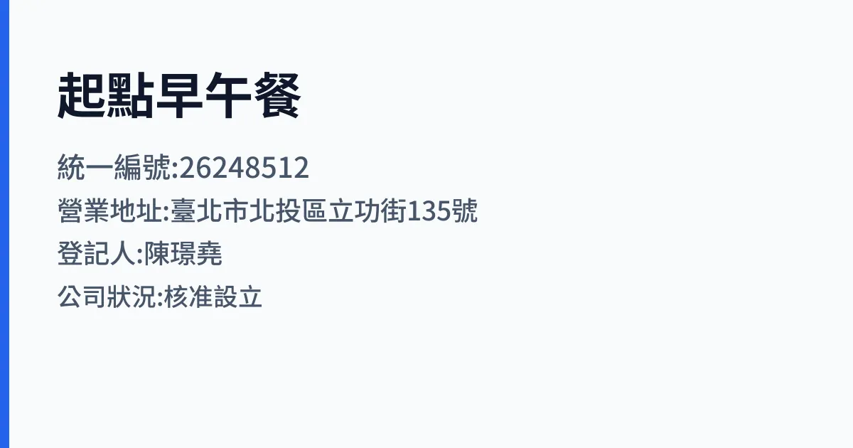 起點早午餐 - 統編 26248512(臺北市) 公司登記資料與營業項目詳細圖表