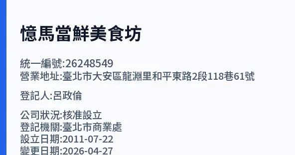 憶馬當鮮美食坊的照片-統編 26248549(臺北市) 公司登記資料與營業項目詳細圖表