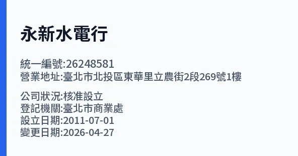 永新水電行的照片-統編 26248581(臺北市) 公司登記資料與營業項目詳細圖表