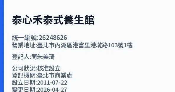 泰心禾泰式養生館的照片-統編 26248626(臺北市) 公司登記資料與營業項目詳細圖表