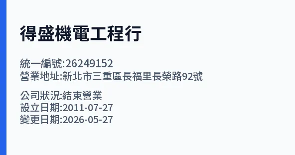 得盛機電工程行的照片-統編 26249152(新北市) 公司登記資料與營業項目詳細圖表