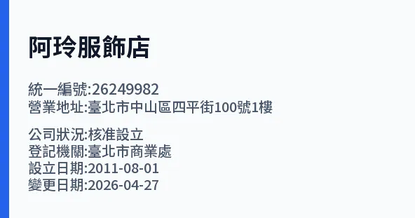 阿玲服飾店的照片-統編 26249982(臺北市) 公司登記資料與營業項目詳細圖表