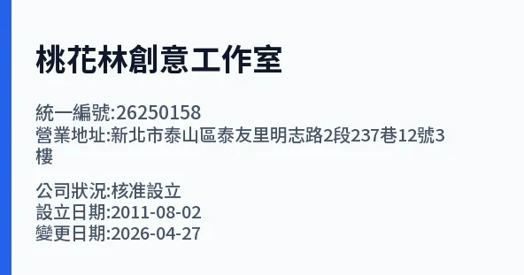 桃花林創意工作室的照片-統編 26250158(新北市) 公司登記資料與營業項目詳細圖表