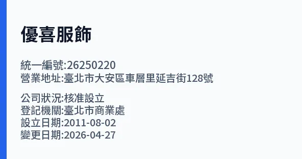 優喜服飾的照片-統編 26250220(臺北市) 公司登記資料與營業項目詳細圖表