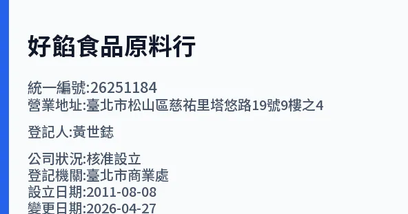 好餡食品原料行的照片-統編 26251184(臺北市) 公司登記資料與營業項目詳細圖表