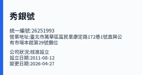 秀銀號的照片-統編 26251993(臺北市) 公司登記資料與營業項目詳細圖表