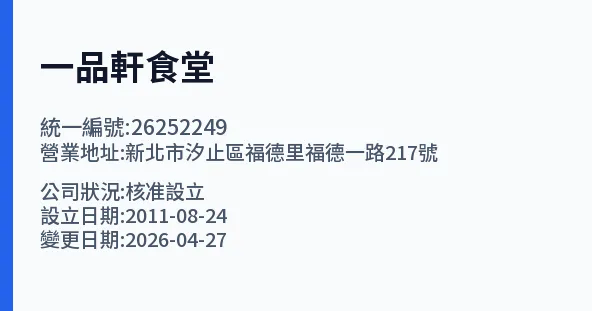 一品軒食堂的照片-統編 26252249(新北市) 公司登記資料與營業項目詳細圖表