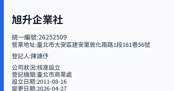 旭升企業社的照片-統編 26252509(臺北市) 公司登記資料與營業項目詳細圖表