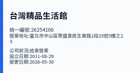 台灣精品生活館的照片-統編 26254106(臺北市) 公司登記資料與營業項目詳細圖表