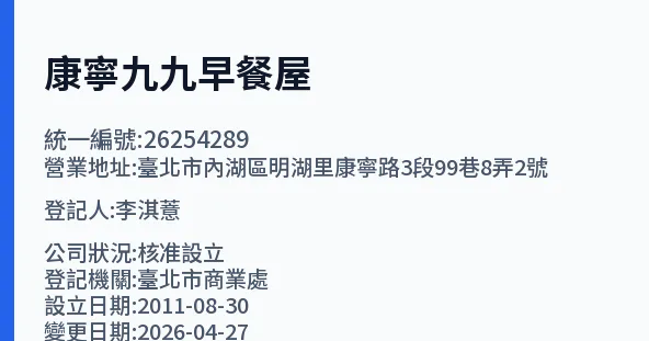 康寧九九早餐屋的照片-統編 26254289(臺北市) 公司登記資料與營業項目詳細圖表