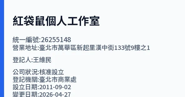 紅袋鼠個人工作室的照片-統編 26255148(臺北市) 公司登記資料與營業項目詳細圖表