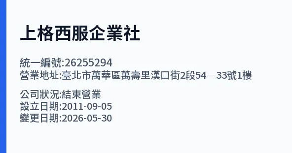 上格西服企業社的照片-統編 26255294(臺北市) 公司登記資料與營業項目詳細圖表