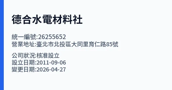 德合水電材料社的照片-統編 26255652(臺北市) 公司登記資料與營業項目詳細圖表