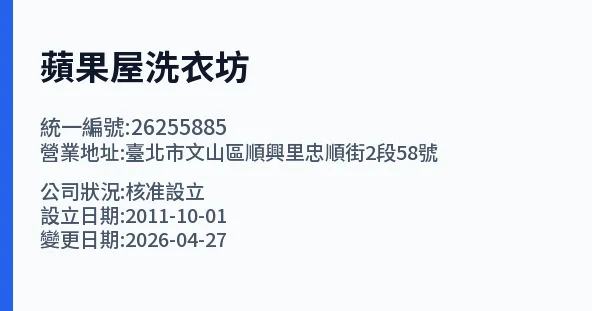 蘋果屋洗衣坊的照片-統編 26255885(臺北市) 公司登記資料與營業項目詳細圖表