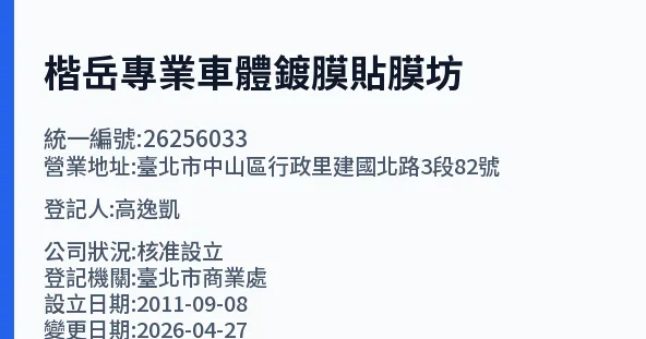楷岳專業車體鍍膜貼膜坊的照片-統編 26256033(臺北市) 公司登記資料與營業項目詳細圖表
