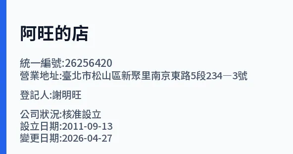 阿旺的店的照片-統編 26256420(臺北市) 公司登記資料與營業項目詳細圖表