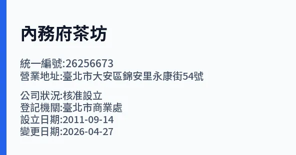 內務府茶坊的照片-統編 26256673(臺北市) 公司登記資料與營業項目詳細圖表