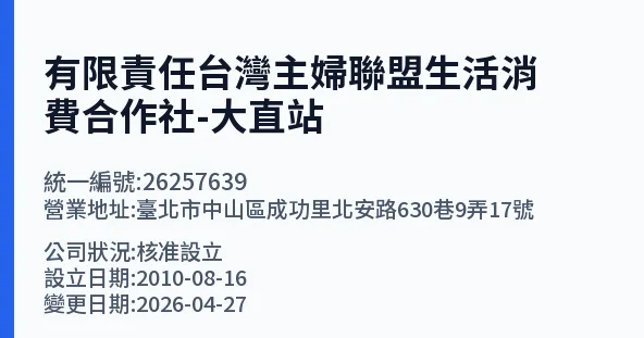 有限責任台灣主婦聯盟生活消費合作社-大直站的照片-統編 26257639(臺北市) 公司登記資料與營業項目詳細圖表