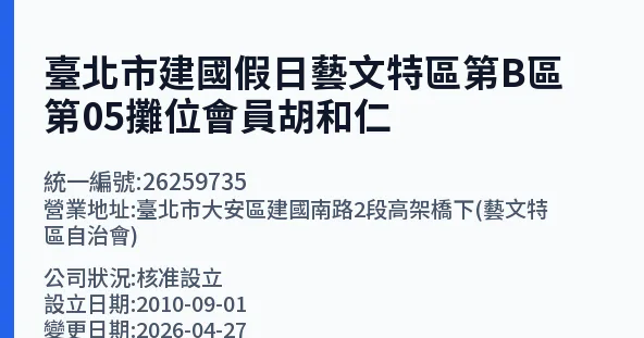 臺北市建國假日藝文特區第B區第05攤位會員胡和仁的照片-統編 26259735(臺北市) 公司登記資料與營業項目詳細圖表