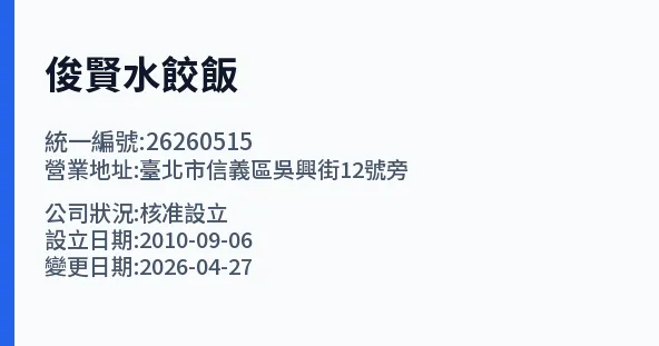 俊賢水餃飯的照片-統編 26260515(臺北市) 公司登記資料與營業項目詳細圖表