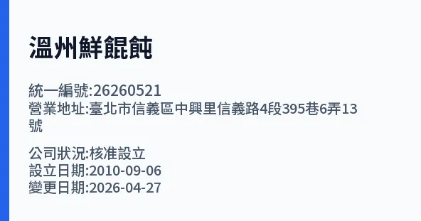 溫州鮮餛飩的照片-統編 26260521(臺北市) 公司登記資料與營業項目詳細圖表