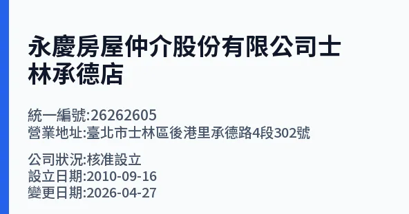 永慶房屋仲介股份有限公司士林承德店的照片-統編 26262605(臺北市) 公司登記資料與營業項目詳細圖表