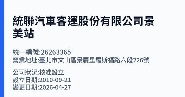 統聯汽車客運股份有限公司景美站的照片-統編 26263365(臺北市) 公司登記資料與營業項目詳細圖表