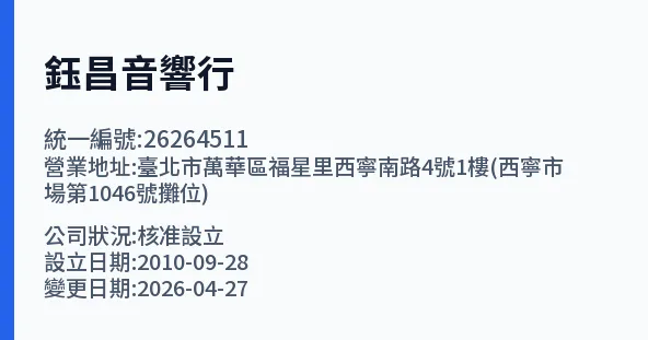 鈺昌音響行的照片-統編 26264511(臺北市) 公司登記資料與營業項目詳細圖表