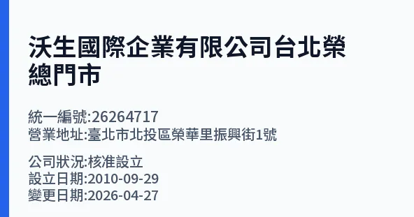 沃生國際企業有限公司台北榮總門市的照片-統編 26264717(臺北市) 公司登記資料與營業項目詳細圖表
