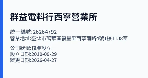群益電料行西寧營業所的照片-統編 26264792(臺北市) 公司登記資料與營業項目詳細圖表