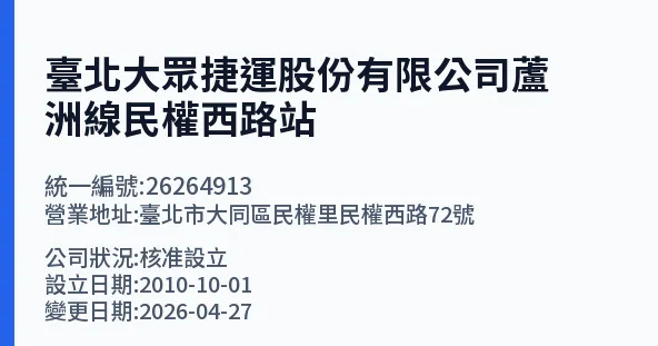 臺北大眾捷運股份有限公司蘆洲線民權西路站的照片-統編 26264913(臺北市) 公司登記資料與營業項目詳細圖表