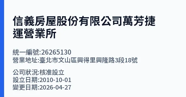 信義房屋股份有限公司萬芳捷運營業所的照片-統編 26265130(臺北市) 公司登記資料與營業項目詳細圖表