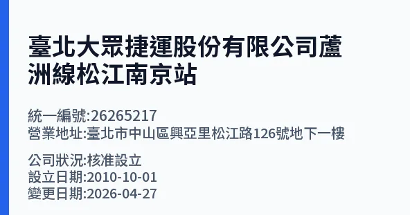 臺北大眾捷運股份有限公司蘆洲線松江南京站的照片-統編 26265217(臺北市) 公司登記資料與營業項目詳細圖表