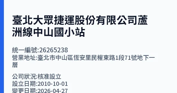 臺北大眾捷運股份有限公司蘆洲線中山國小站的照片-統編 26265238(臺北市) 公司登記資料與營業項目詳細圖表