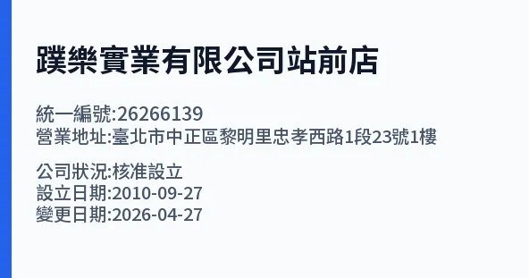 蹼樂實業有限公司站前店的照片-統編 26266139(臺北市) 公司登記資料與營業項目詳細圖表