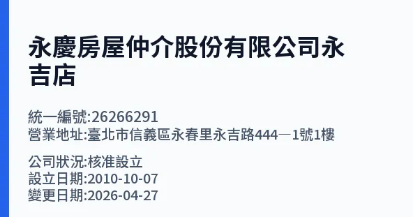 永慶房屋仲介股份有限公司永吉店的照片-統編 26266291(臺北市) 公司登記資料與營業項目詳細圖表