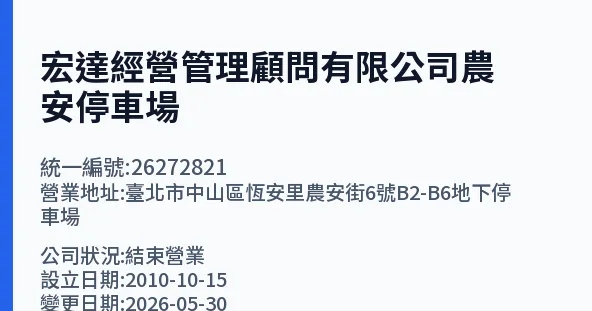 宏達經營管理顧問有限公司農安停車場的照片-統編 26272821(臺北市) 公司登記資料與營業項目詳細圖表