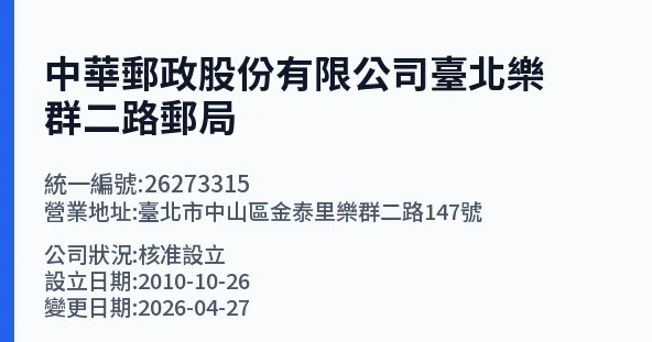 中華郵政股份有限公司臺北樂群二路郵局的照片-統編 26273315(臺北市) 公司登記資料與營業項目詳細圖表
