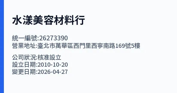 水漾美容材料行的照片-統編 26273390(臺北市) 公司登記資料與營業項目詳細圖表