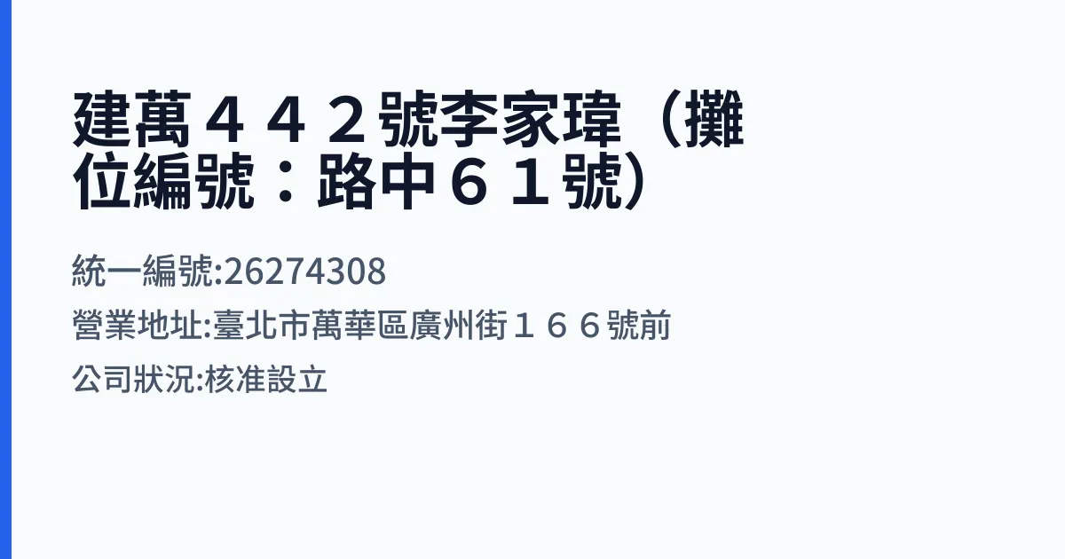 建萬４４２號李家瑋（攤位編號：路中６１號） - 統編 26274308(臺北市) 公司登記資料與營業項目詳細圖表
