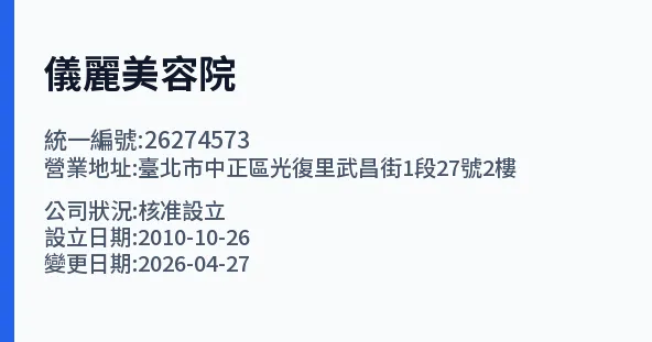 儀麗美容院的照片-統編 26274573(臺北市) 公司登記資料與營業項目詳細圖表