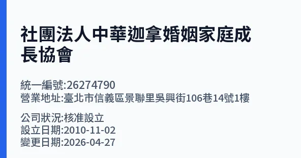 社團法人中華迦拿婚姻家庭成長協會的照片-統編 26274790(臺北市) 公司登記資料與營業項目詳細圖表