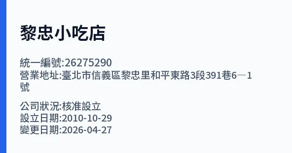 黎忠小吃店的照片-統編 26275290(臺北市) 公司登記資料與營業項目詳細圖表