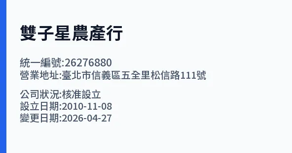 雙子星農產行的照片-統編 26276880(臺北市) 公司登記資料與營業項目詳細圖表