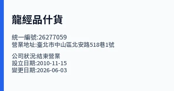龍經品什貨的照片-統編 26277059(臺北市) 公司登記資料與營業項目詳細圖表