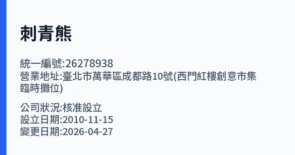 刺青熊的照片-統編 26278938(臺北市) 公司登記資料與營業項目詳細圖表