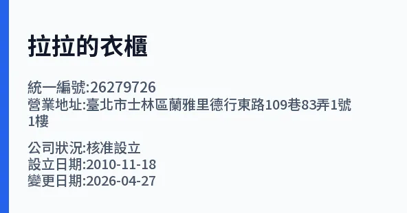 拉拉的衣櫃的照片-統編 26279726(臺北市) 公司登記資料與營業項目詳細圖表