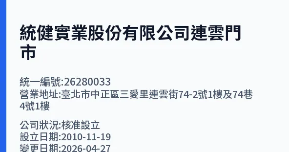 統健實業股份有限公司連雲門市的照片-統編 26280033(臺北市) 公司登記資料與營業項目詳細圖表